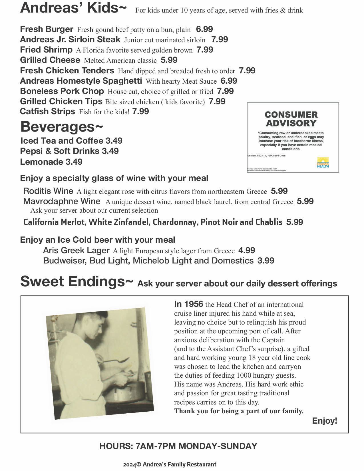 Dinner Menu of Andreas Greek Restaurant