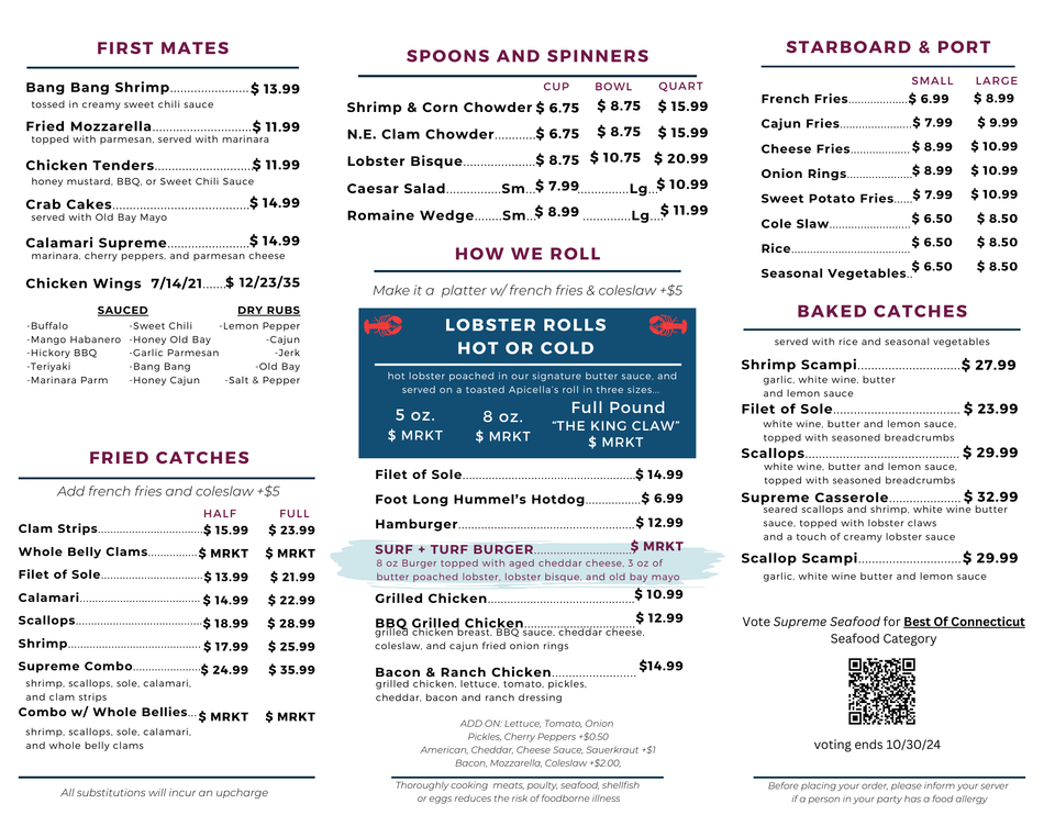Supreme Seafood Menu - North Branford, Connecticut