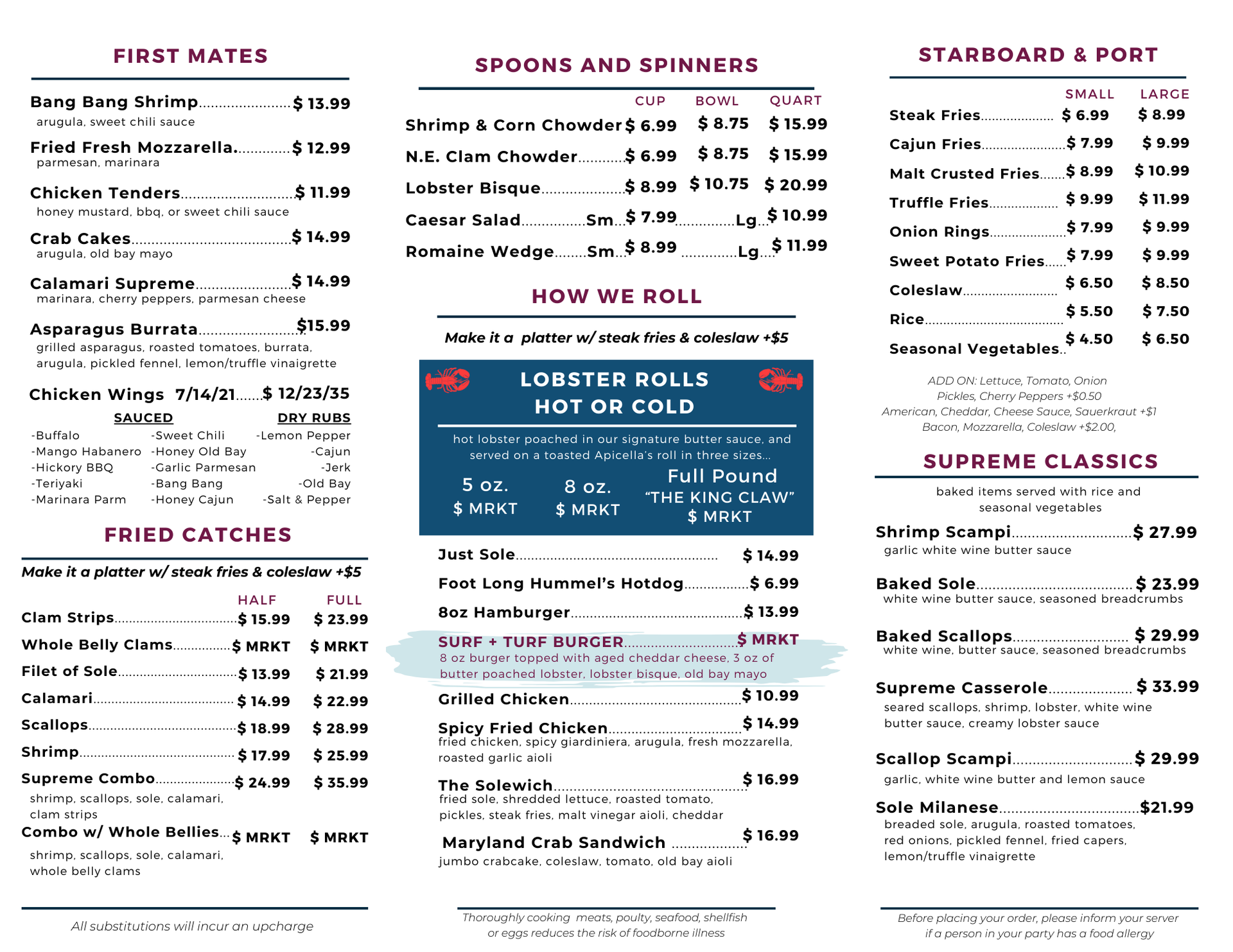 Supreme Seafood Menu - North Branford, Connecticut