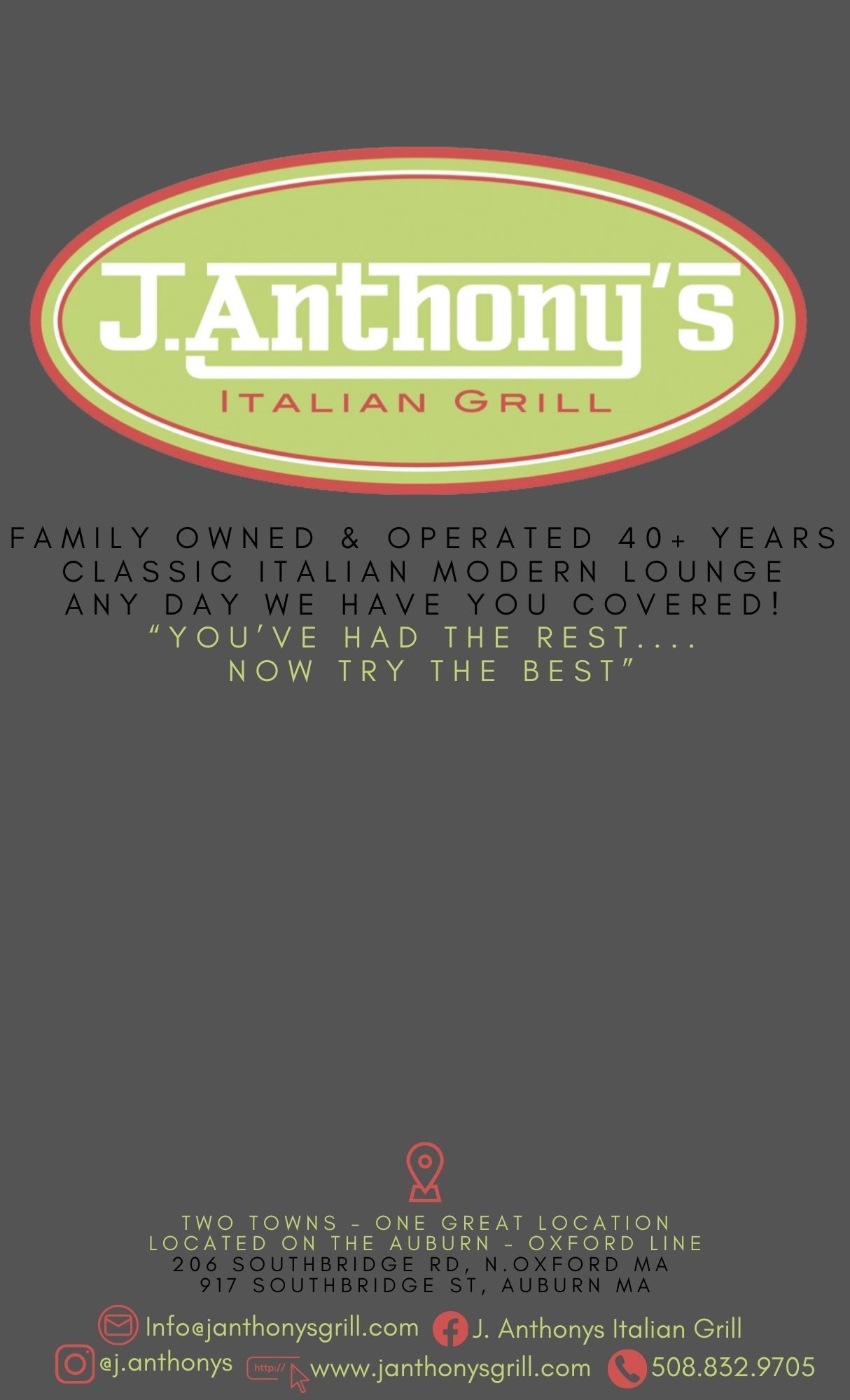 Italian Restaurant in Auburn, MA - J. Anthony's Italian Grill
