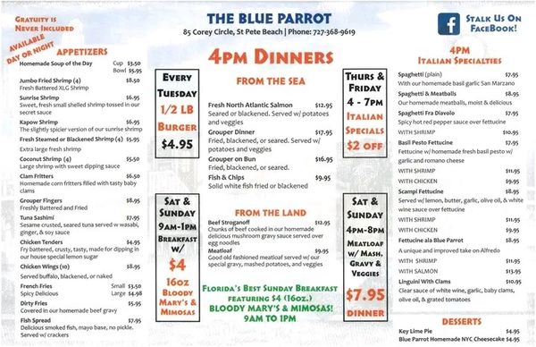 Blue Parrot Bar and Grill Menu ST Pete Beach FL