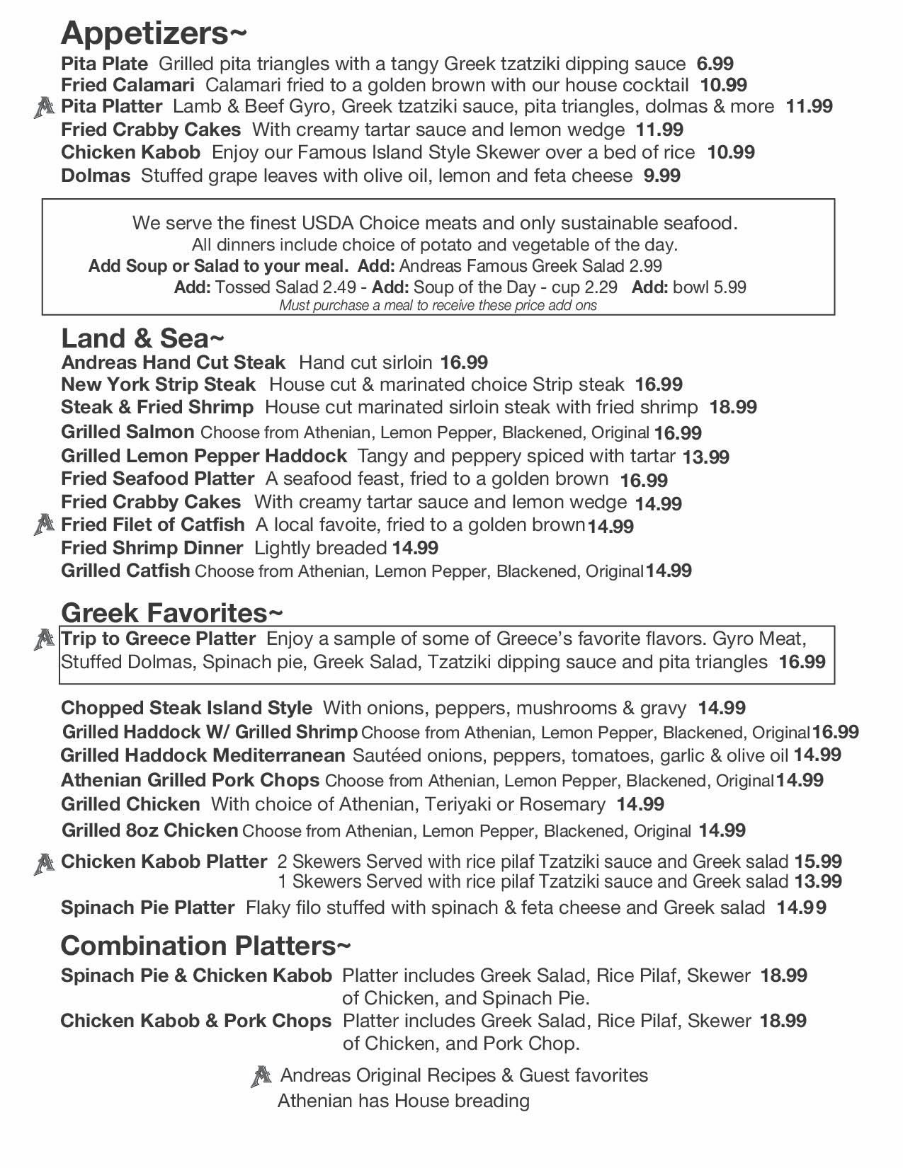 Dinner Menu of Andreas Greek Restaurant