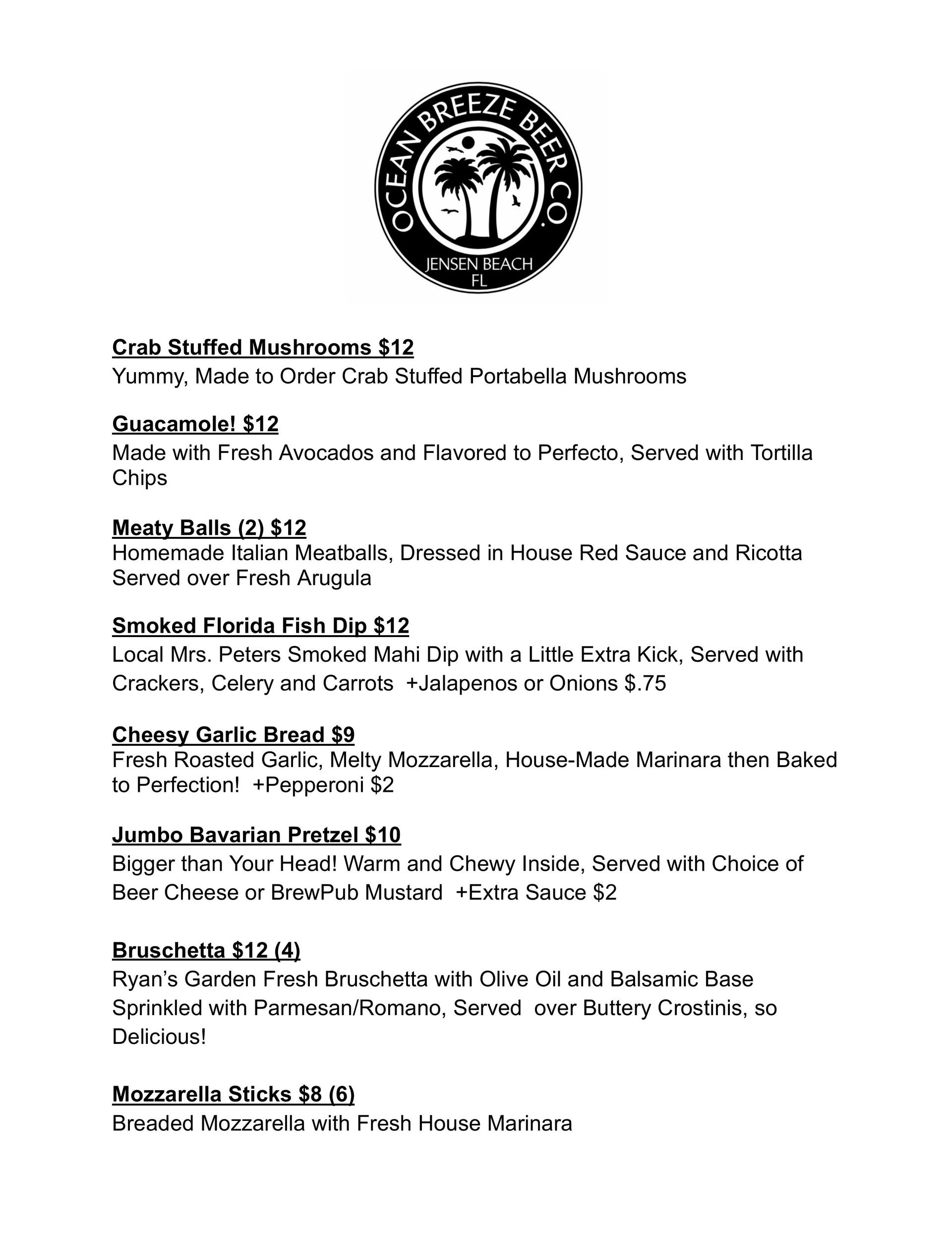 Menu - Jensen Beach, FL | Ocean Breeze Beer Co.