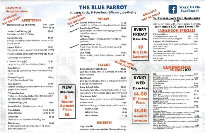 Blue Parrot Bar and Grill Menu ST Pete Beach FL