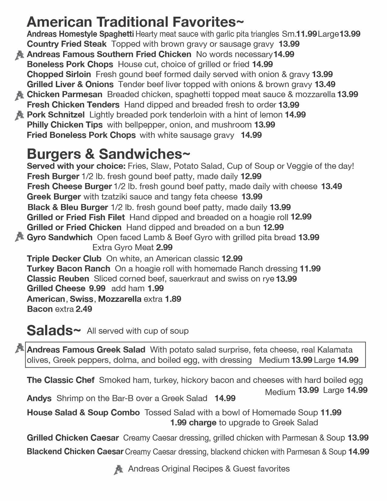 Dinner Menu of Andreas Greek Restaurant