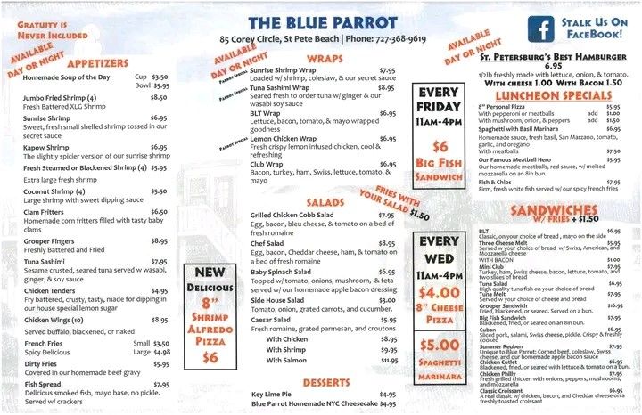 Blue Parrot Bar and Grill Menu ST Pete Beach FL