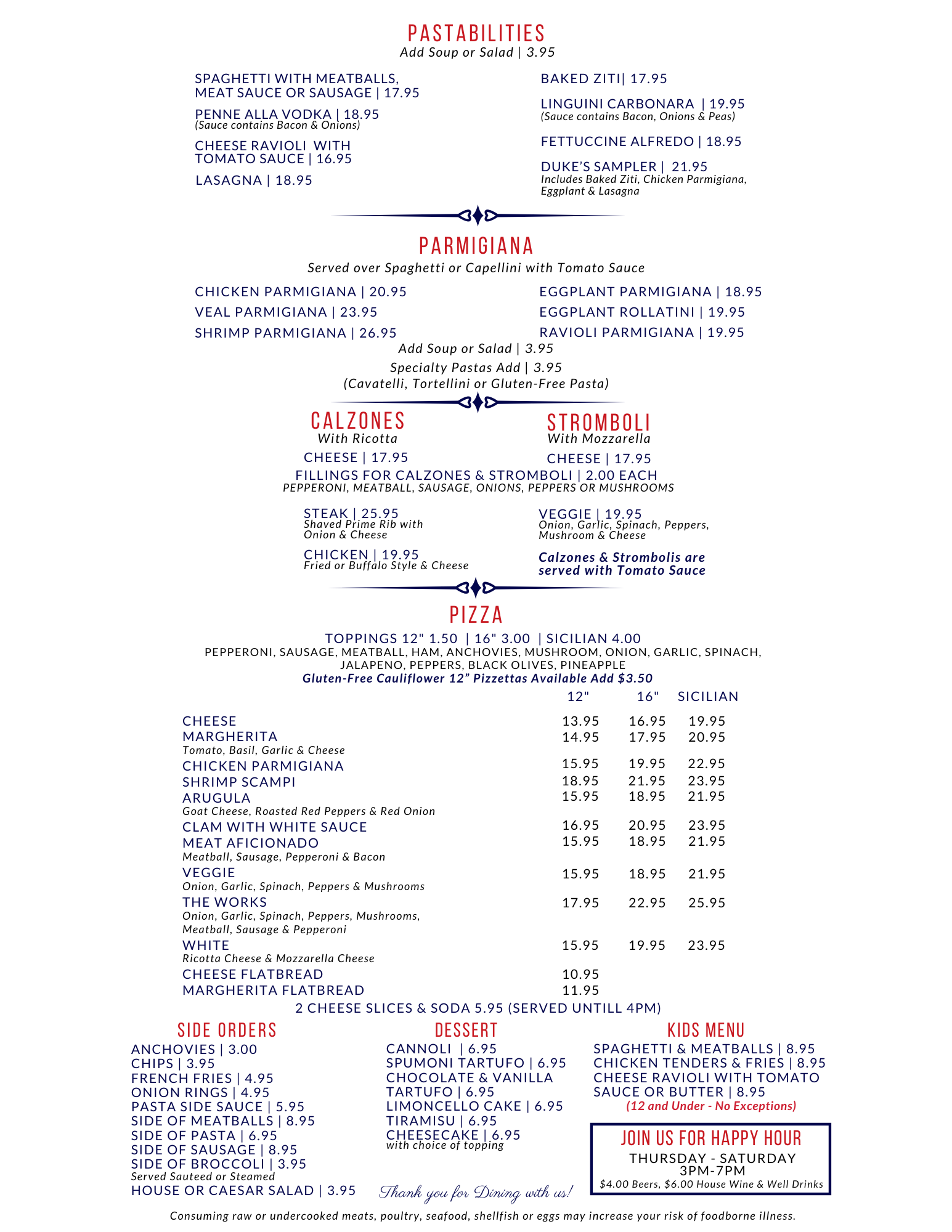 Lunch & Dinner Menu - Stuart, FL | Duke’s Place Italian American Restaurant