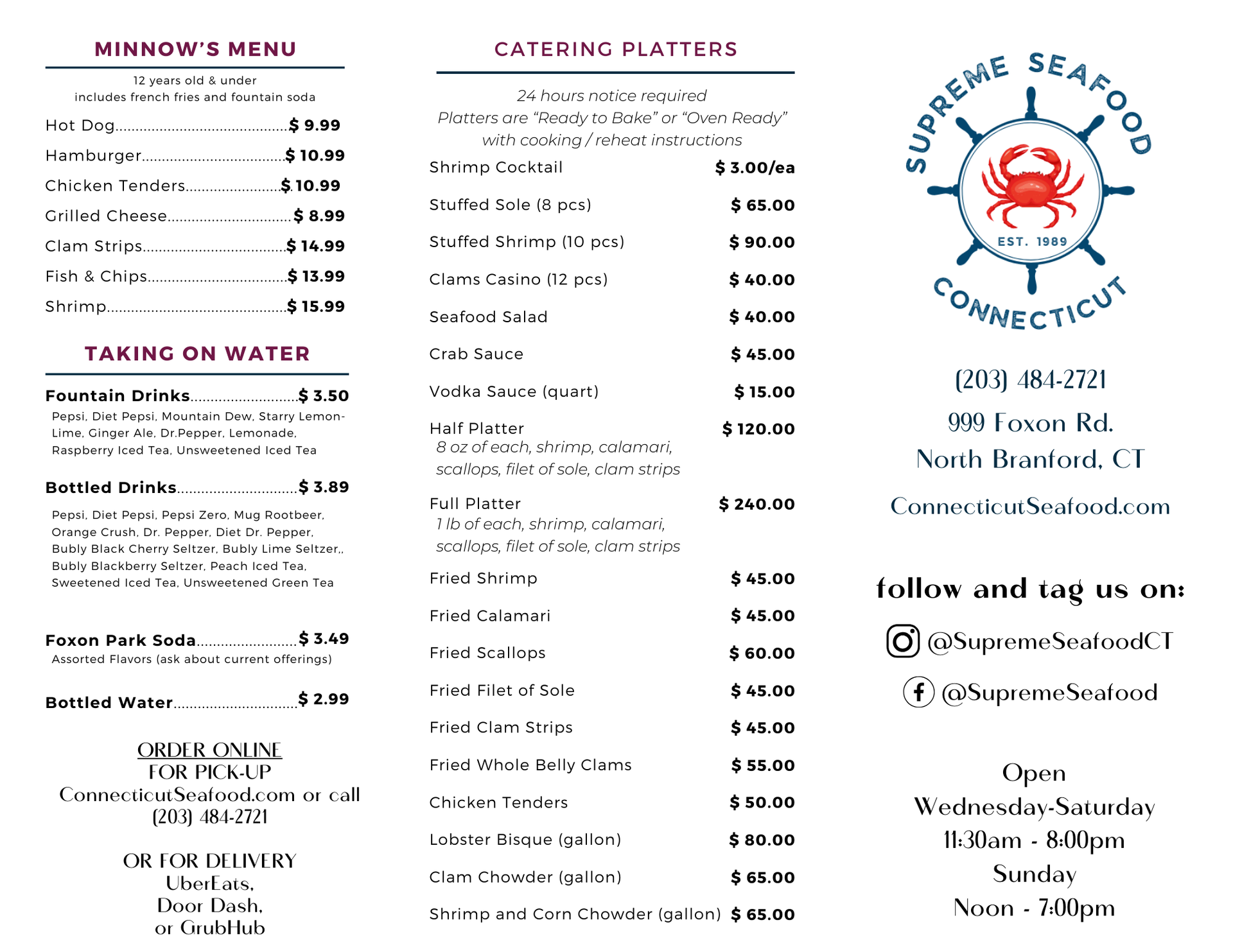 Supreme Seafood Menu - North Branford, Connecticut